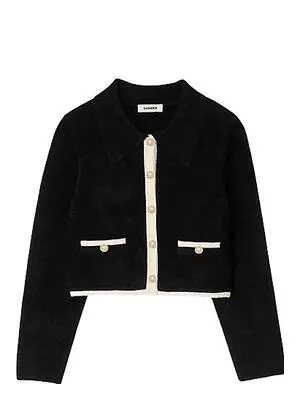 Sandro Collared Two-tone Stretch-knit Cardigan - Black