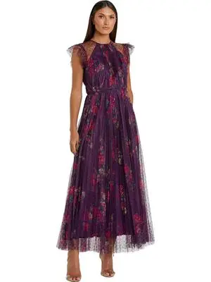 Mac Duggal Floral Printed Flutter Sleeve Midi Dress - Plum Multi