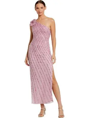 Mac Duggal Beaded Mesh Dress With Floral Detail - Orchid