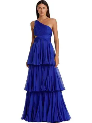 Mac Duggal One-shoulder Open-back Chiffon A-line Gown - Cobalt