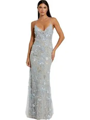 Mac Duggal Embroidered Sleeveless Backless Column Gown - Blue