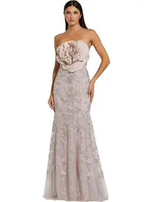 Mac Duggal Lace Embellished Trumpet Gown With 3d Flower - Mocha