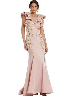 Mac Duggal Embellished Flutter Sleeve Mermaid Gown Pink