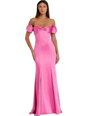 Mac Duggal Off-the-shoulder Satin Trumpet Gown With Bows - Pink