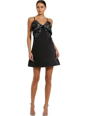 Mac Duggal Sleeveless Satin A-line Beaded Bow Mini Dress - Black