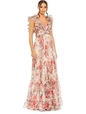 Mac Duggal Floral Cut-Out Chiffon Gown Rose Multi