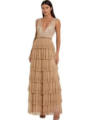 Mac Duggal Beaded Mesh V-neck Gown With Tiered Ruffles - Nude