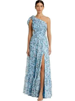 Mac Duggal Floral Chiffon One-shoulder Gown - Aqua Multi
