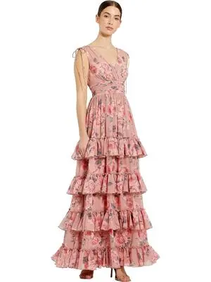 Mac Duggal Floral Chiffon Drawstring Shoulder Tiered Gown - Pink Multi