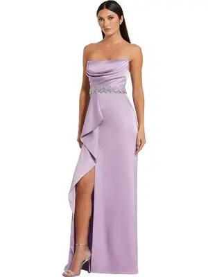 Mac Duggal Strapless Satin Gown With Embellished Belt - Lilac