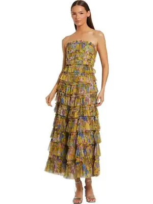 Mac Duggal Floral Strapless Ruffle Maxi Dress - Yellow