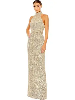 Mac Duggal Sequin Halter Neck Column Gown With Tie Belt - Champagne