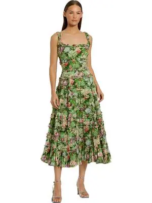 Mac Duggal Floral Ruffle Square Neck Midi Dress - Green Multi