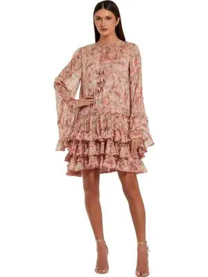 Mac Duggal Floral Long Sleeve Ruffle Mini Dress - Pink Multi