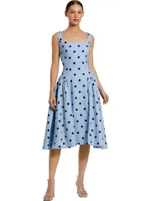 Mac Duggal Crepe Polka Dot Fit And Flare Midi Dress - Sky Multi