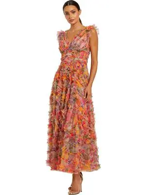 Mac Duggal Floral V-neck Ruffle Maxi Dress - Multicolor