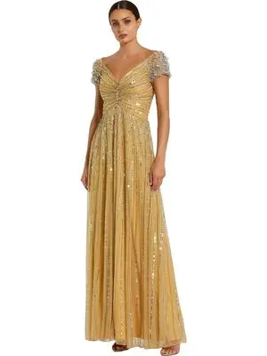 Mac Duggal Sequin Evening Gown With Embellished Sleeves - Gold