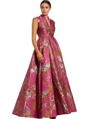 Mac Duggal Pink Metallic Jacquard Ball Gown With Mandarin Collar - Raspberry Multi