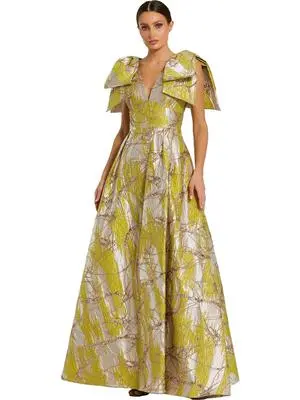 Mac Duggal Layered Shoulder Bow Metallic A-line Gown - Lime