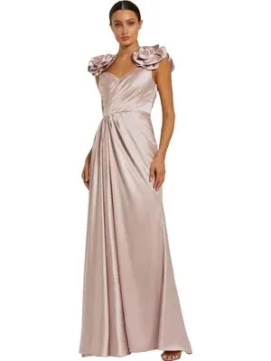 Mac Duggal Faux Wrap Satin Gown With 3d Flower Straps - Rose