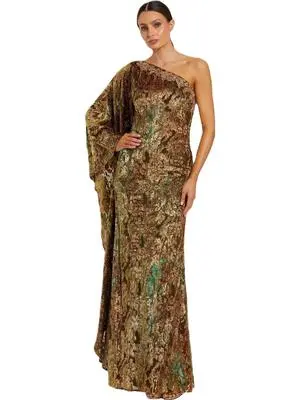 Mac Duggal Metallic Burnout Velvet Evening Gown - Gold Multi