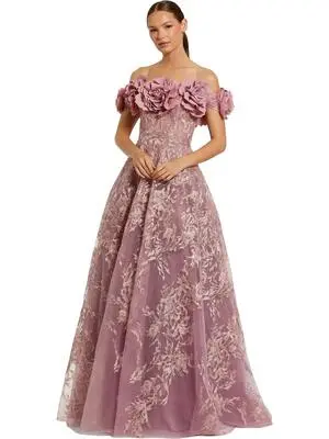 Mac Duggal Floral Embroidered Off-the-shoulder Gown - Mauve