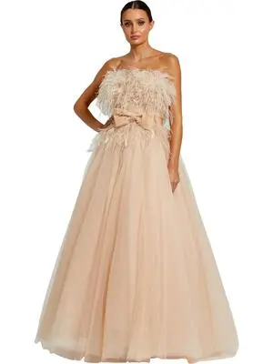 Mac Duggal Strapless Feather Bustier Ball Gown - Champagne