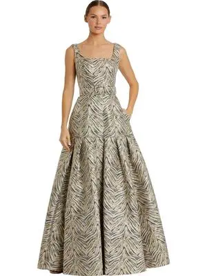 Mac Duggal Metallic Jacquard Gown With Square Neckline - Gold