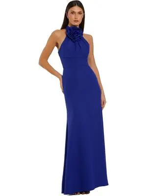 Mac Duggal Sleeveless Halter Neck Gown With Rosette Detail - Cobalt