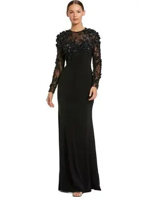 Mac Duggal Long Sleeve Floral Embellished Column Gown - Black