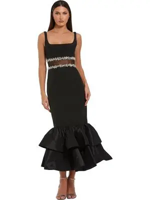 Mac Duggal Crepe Ruffle Hem Midi Dress With Jewel Detail - Black