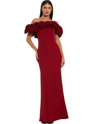 Mac Duggal Crepe Off-the-shoulder Column Gown With 3d Roses - Ruby