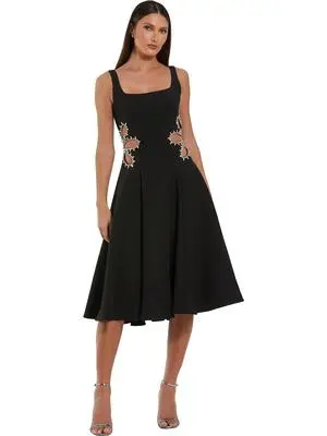 Mac Duggal Sleeveless Crepe Rhinestone Cutout Midi Dress - Black