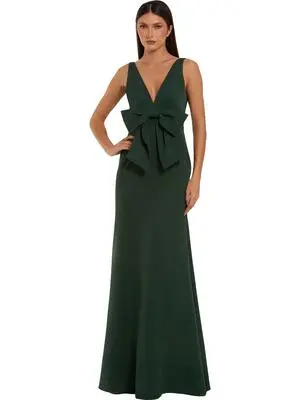 Mac Duggal Crepe Sleeveless V-neck Gown With Bow - Emerald