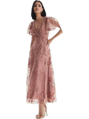 Mac Duggal Embroidered A-line Dress With Flutter Sleeves - Mauve