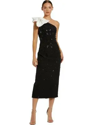 Mac Duggal Crepe One Shoulder Midi Dress With Bow - Black White