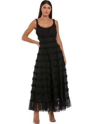 Mac Duggal Sleeveless Lace A-line Midi Dress With Ruffles - Black