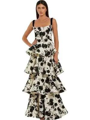 Mac Duggal Floral Boucle Tiered Ruffle Gown - Black Ivory