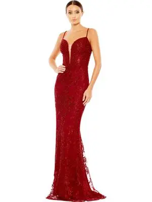 Mac Duggal Embellished Plunge Neck Illusion Mermaid Gown - Red