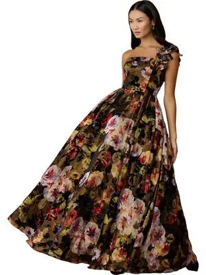MAC DUGGAL COLLECTION Multicolor Floral One-shoulder Ball Gown - Black Multi