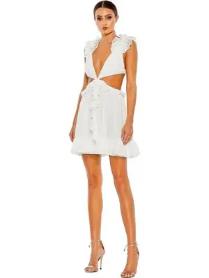 Mac Duggal Ruffled Cut-out V-neck Mini Dress - White