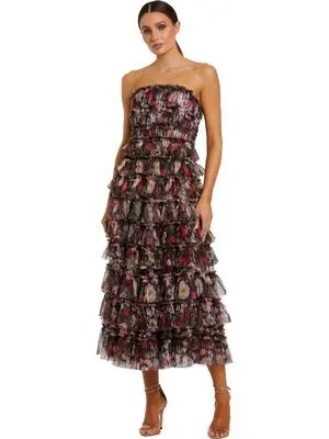 Mac Duggal Floral Print Strapless Midi Dress - Black Multi