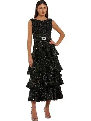 Mac Duggal Sequin Ruffle Midi Dress With Belt - Black