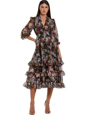Mac Duggal Floral Chiffon Ruffle Midi Dress - Black Multi