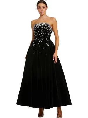 Mac Duggal Velvet Embellished Strapless Midi Dress - Black