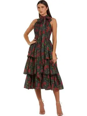 Mac Duggal Floral Chiffon Tiered Midi Dress With Bow - Black Multi