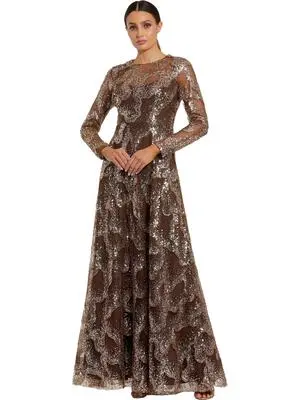 Mac Duggal Embellished Long Sleeve Evening Gown - Bronze