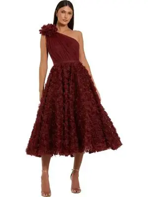 Mac Duggal One-shoulder Floral Rosette Midi Dress - Red
