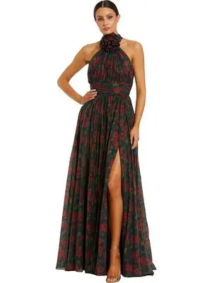 Mac Duggal Floral Print Halter Neck Gown With Rosette - Black Multi