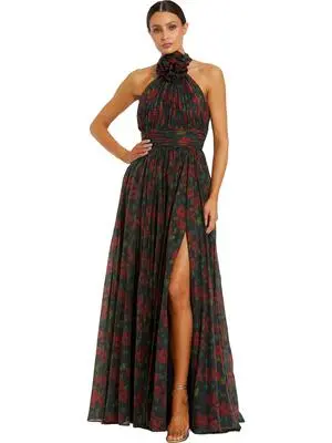 Mac Duggal Floral Print Halter Neck Gown With Rosette - Black Multi